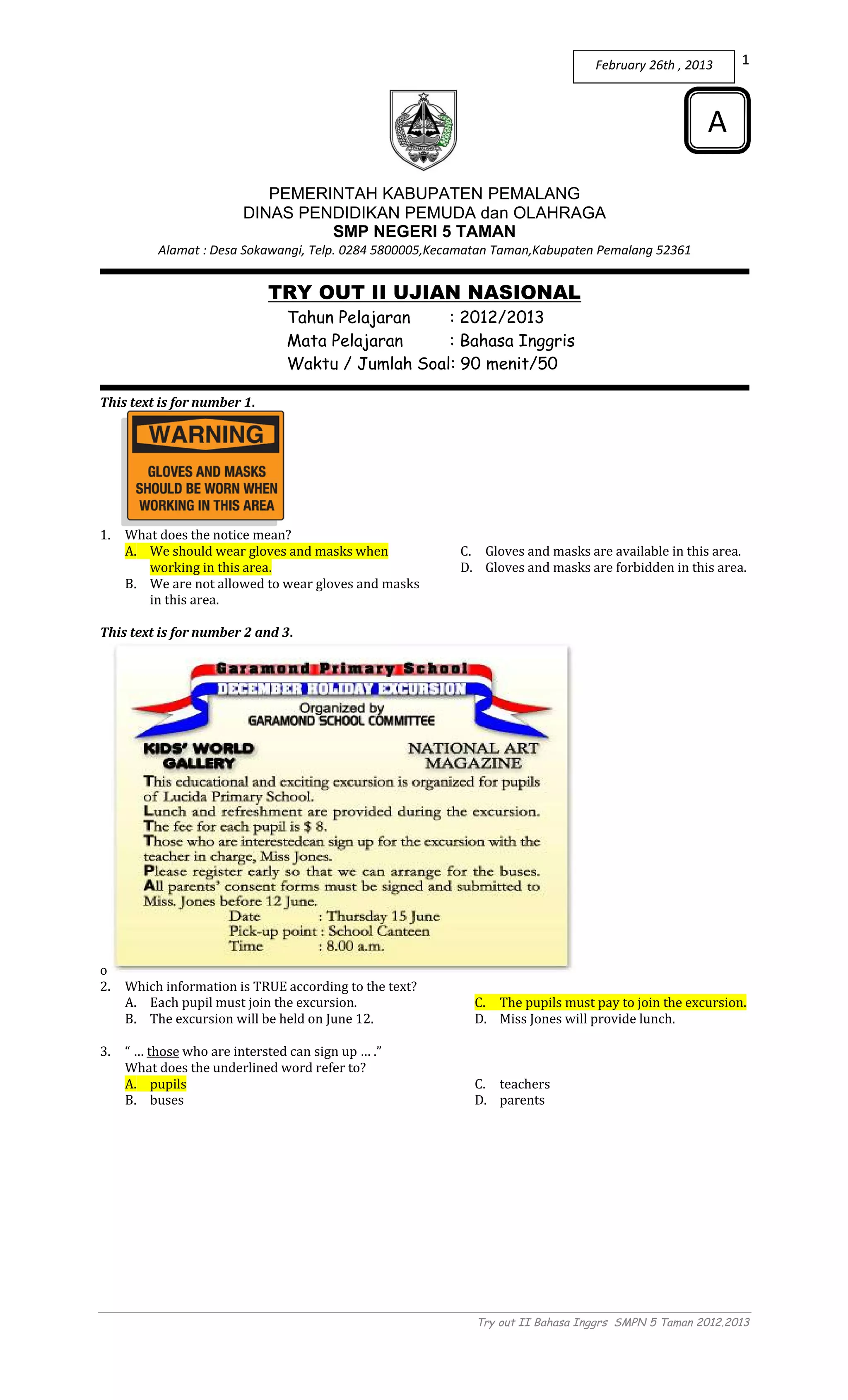 Try out ii ujian nasional bahasa inggris paket a 2 | PDF