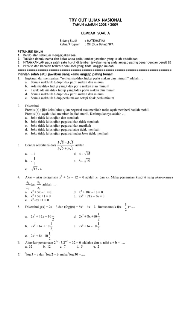 Try Out Ujian Nasional Matematika Sma | PDF Try Out Ujian Nasional Matematika Sma | PDF