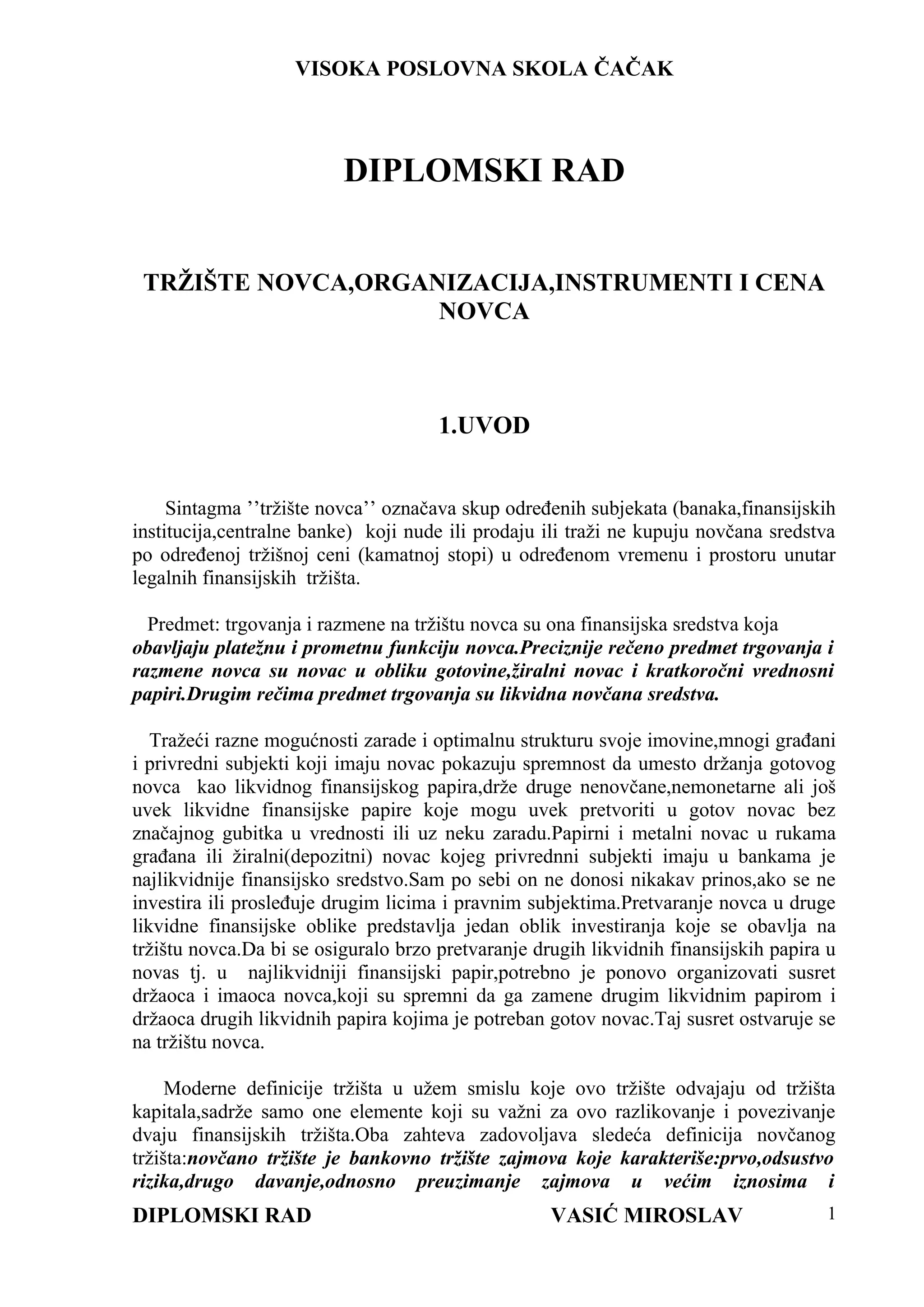 Trziste novca,organizacija,instrumenti i cena novca diplomski rad | PDF