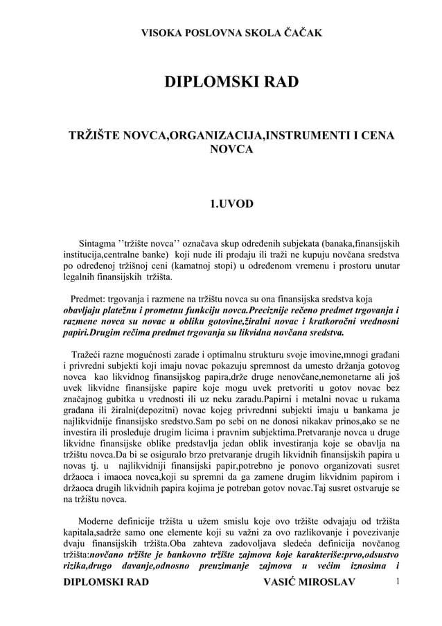 Trziste novca,organizacija,instrumenti i cena novca diplomski rad | PDF