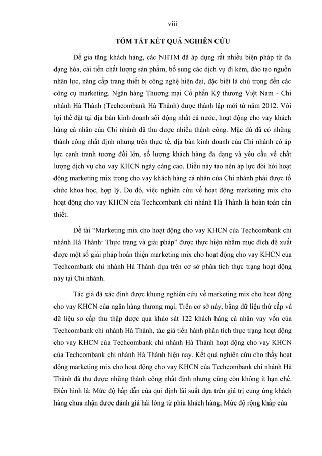 MARKETING MIX CHO HOẠT ĐỘNG CHO VAY KHCN CỦA TECHCOMBANK CHI NHÁNH HÀ THÀNH: THỰC TRẠNG VÀ GIẢI ...
