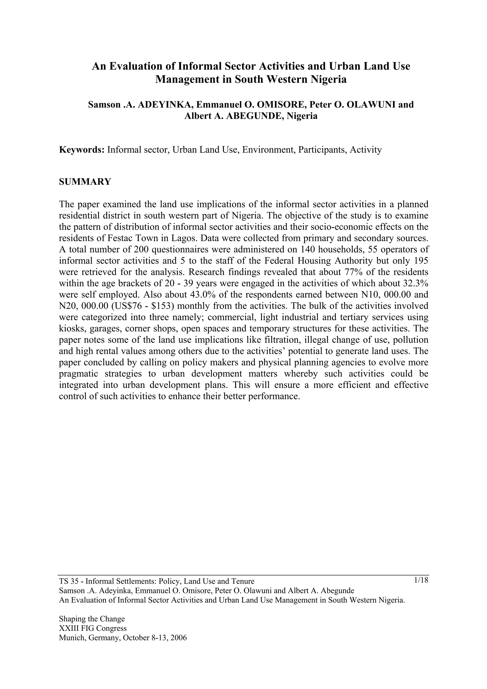 An Evaluation of Informal Sector Activities and Urban Land Use ...