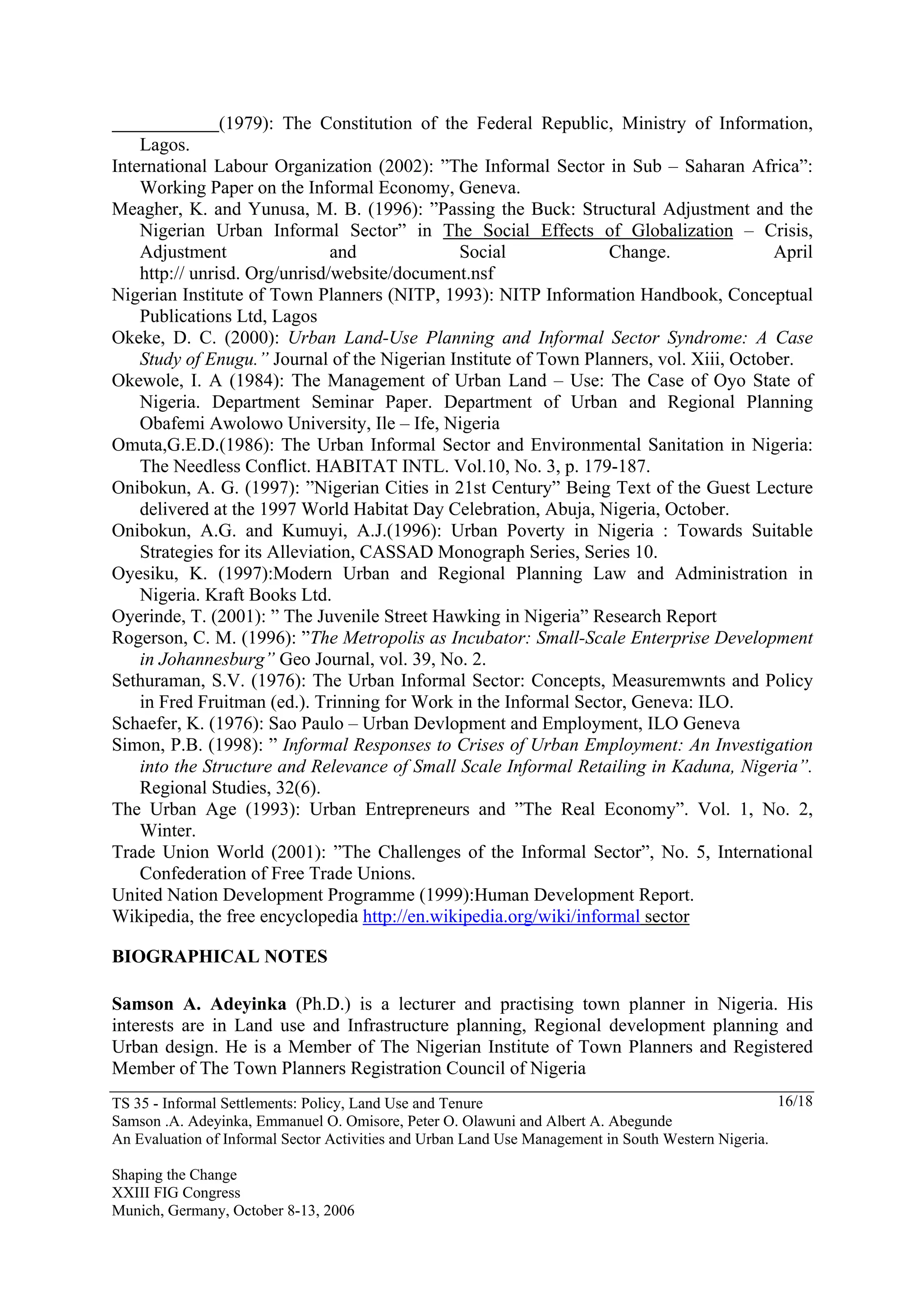An Evaluation of Informal Sector Activities and Urban Land Use ...