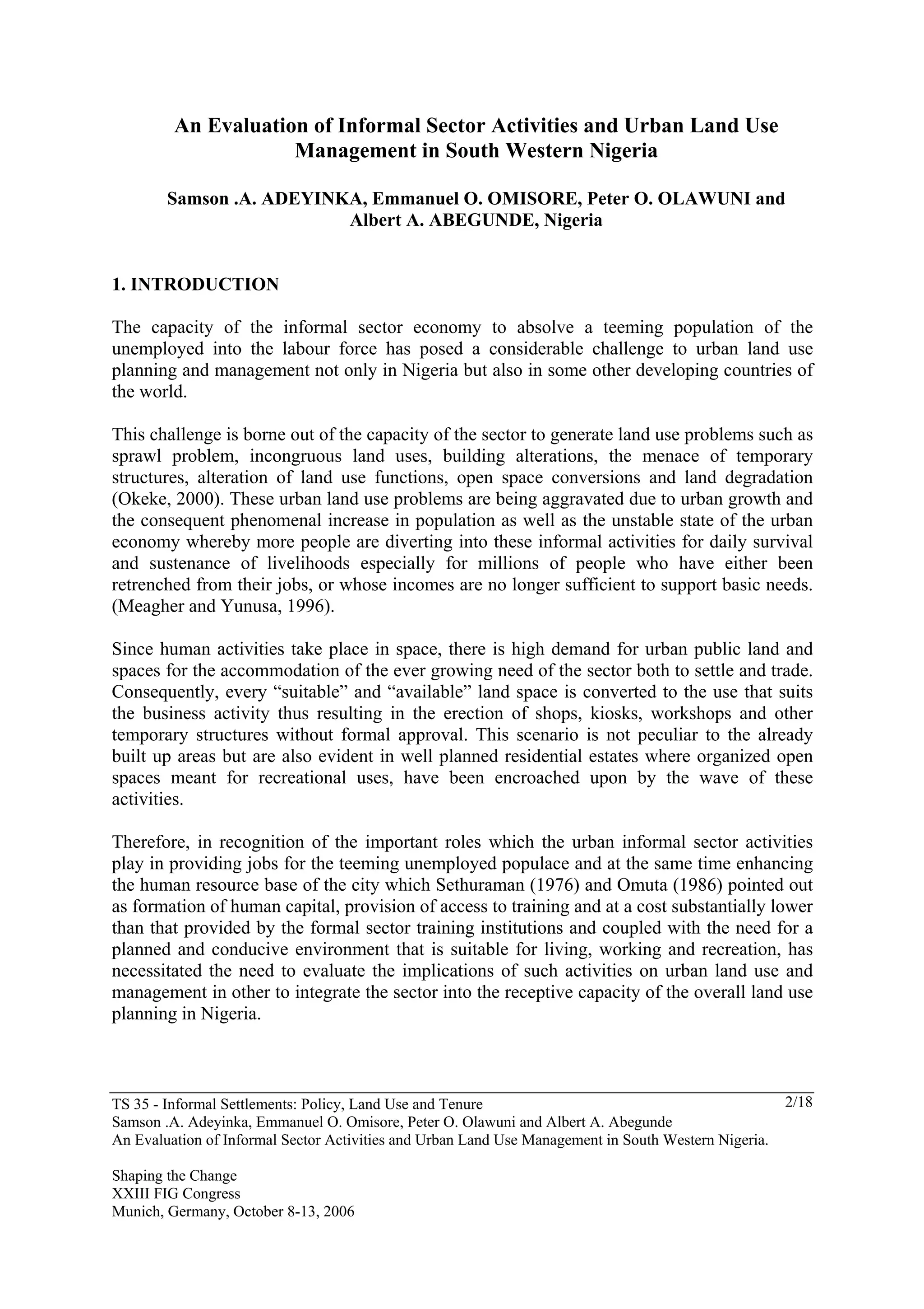 An Evaluation of Informal Sector Activities and Urban Land Use ...