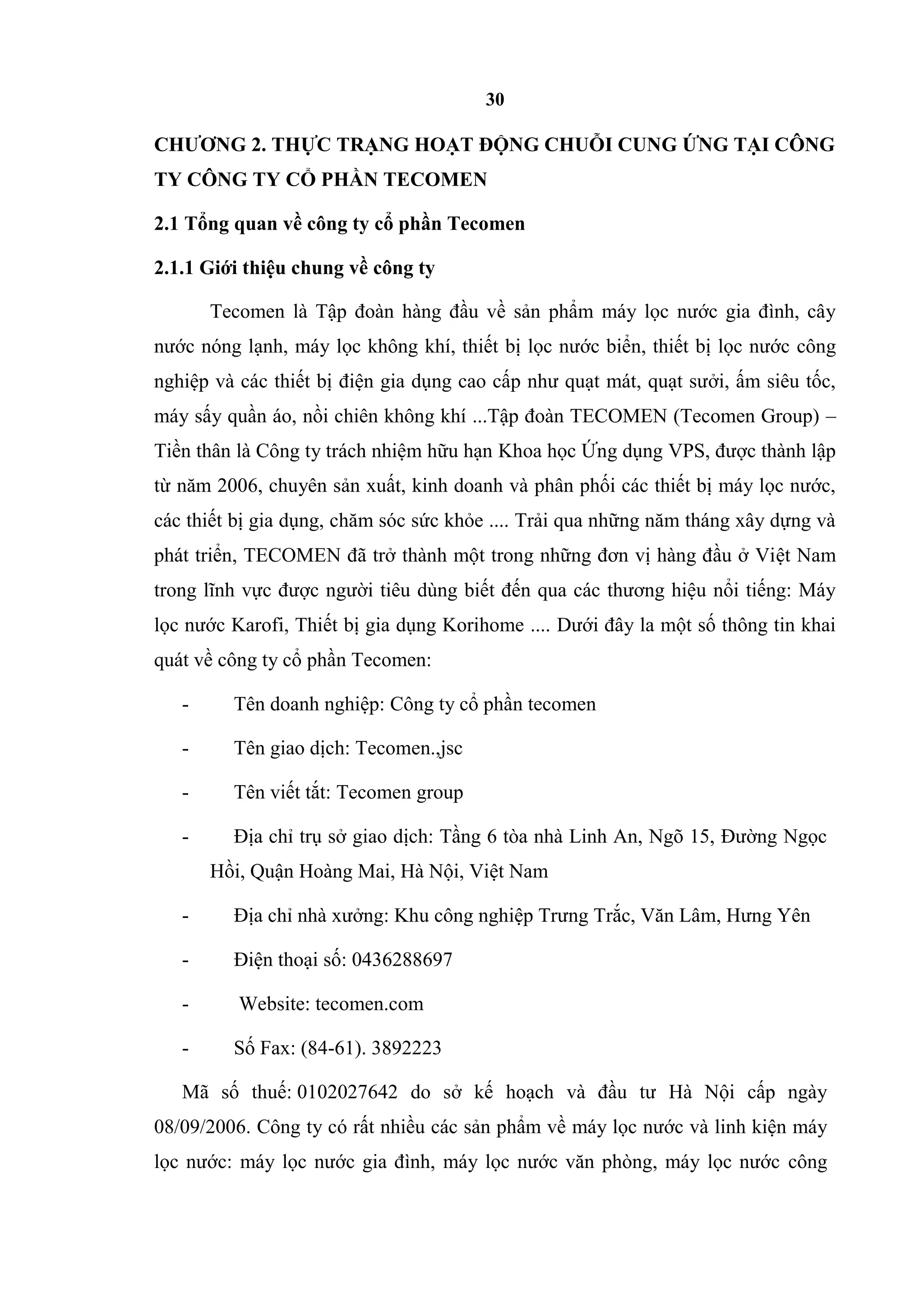 HOÀN THIỆN HOẠT ĐỘNG CHUỖI CUNG ỨNG TẠI CÔNG TY CỔ PHẦN TECOMEN | DOC