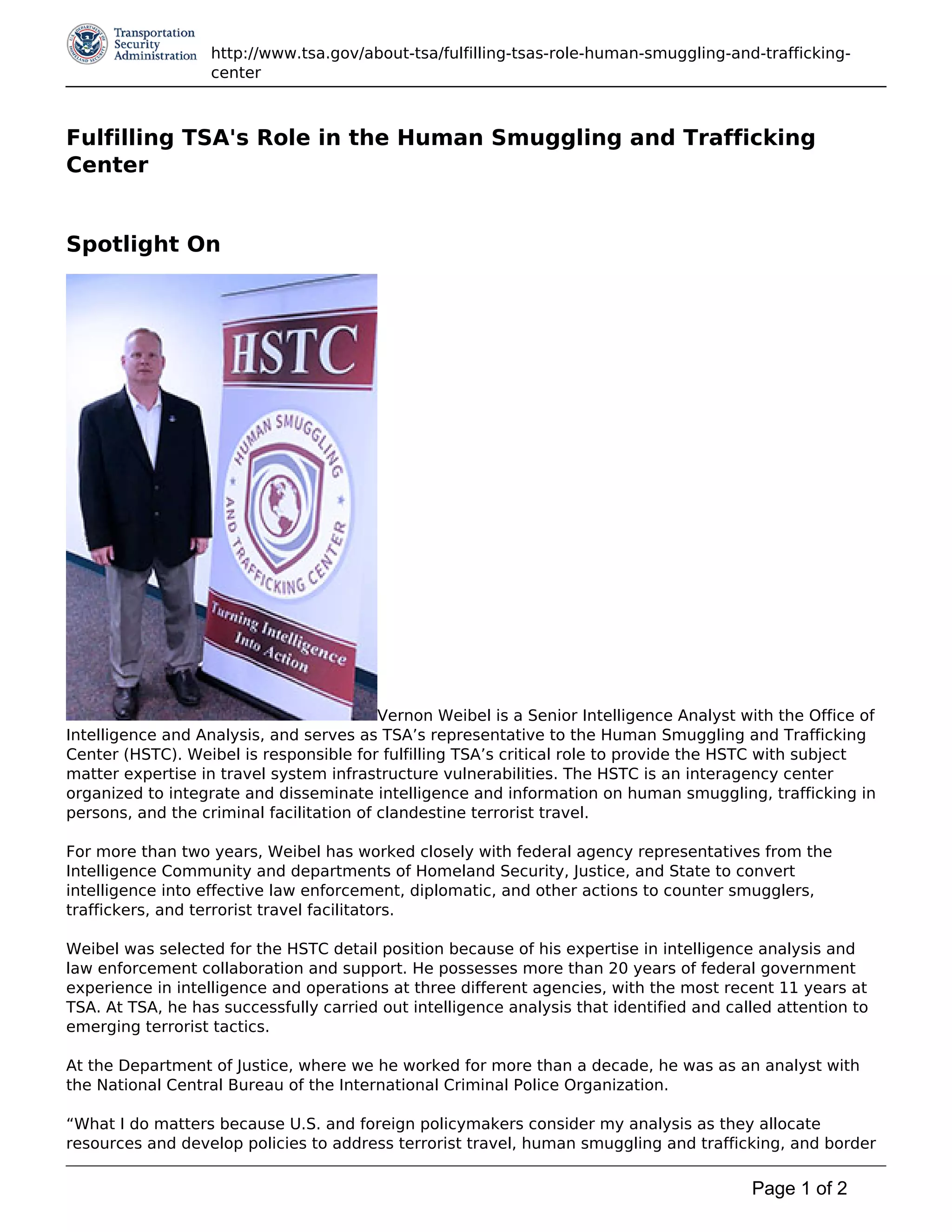 Vernon Weibel - Fulfilling TSA's Role in the Human Smuggling and ...