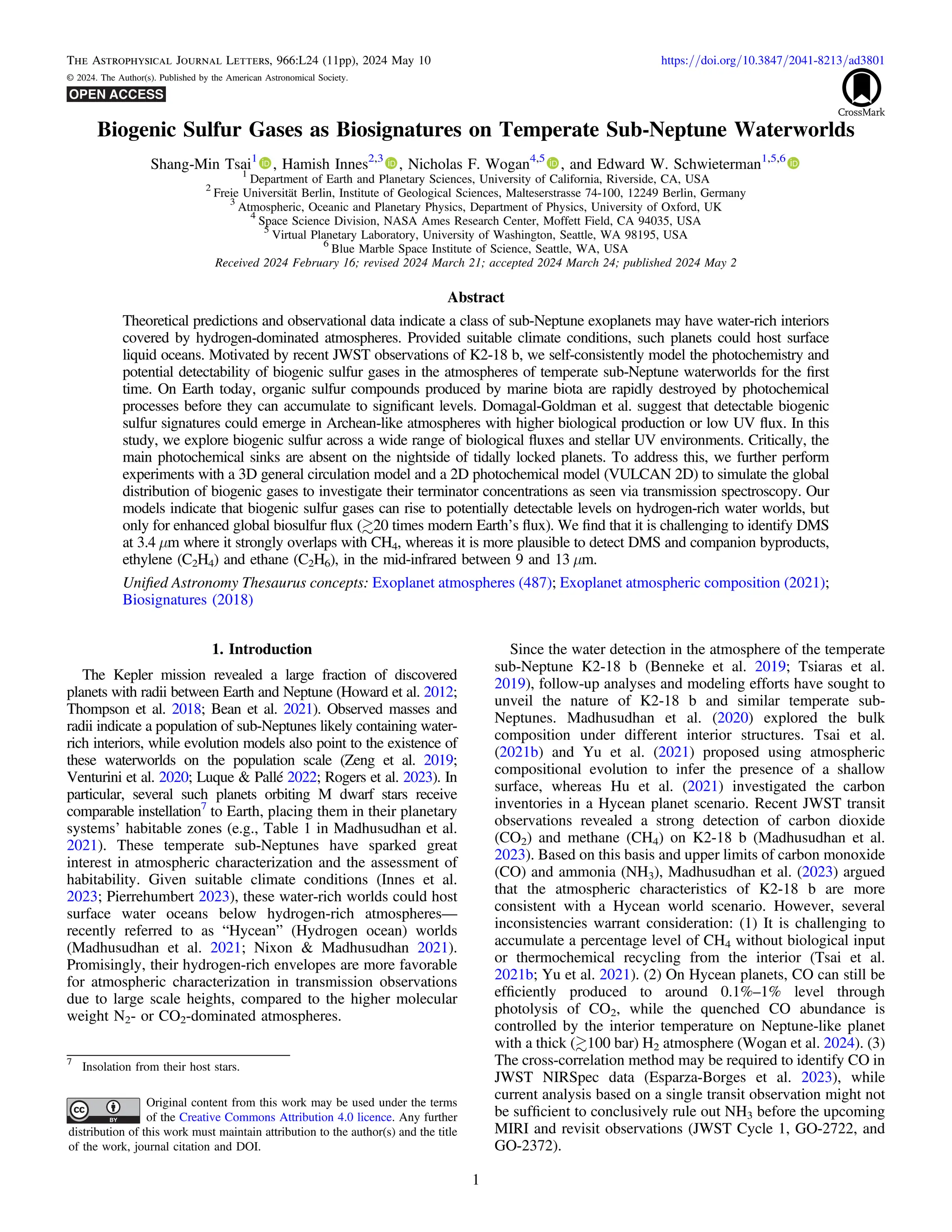 Biogenic Sulfur Gases as Biosignatures on Temperate Sub-Neptune ...