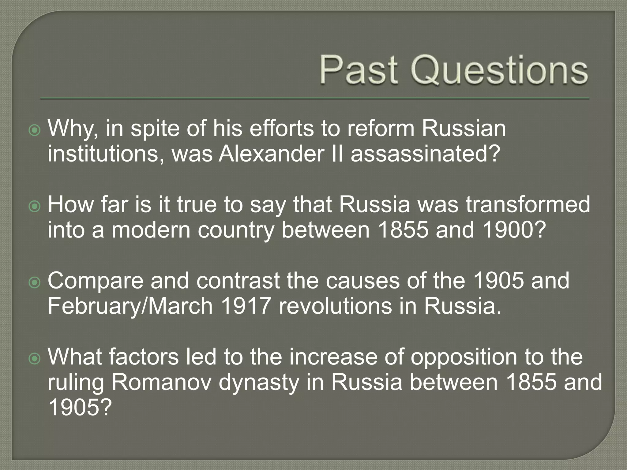 Revision Russian Tsars Alexander II and III, Nicholas II | PPTX