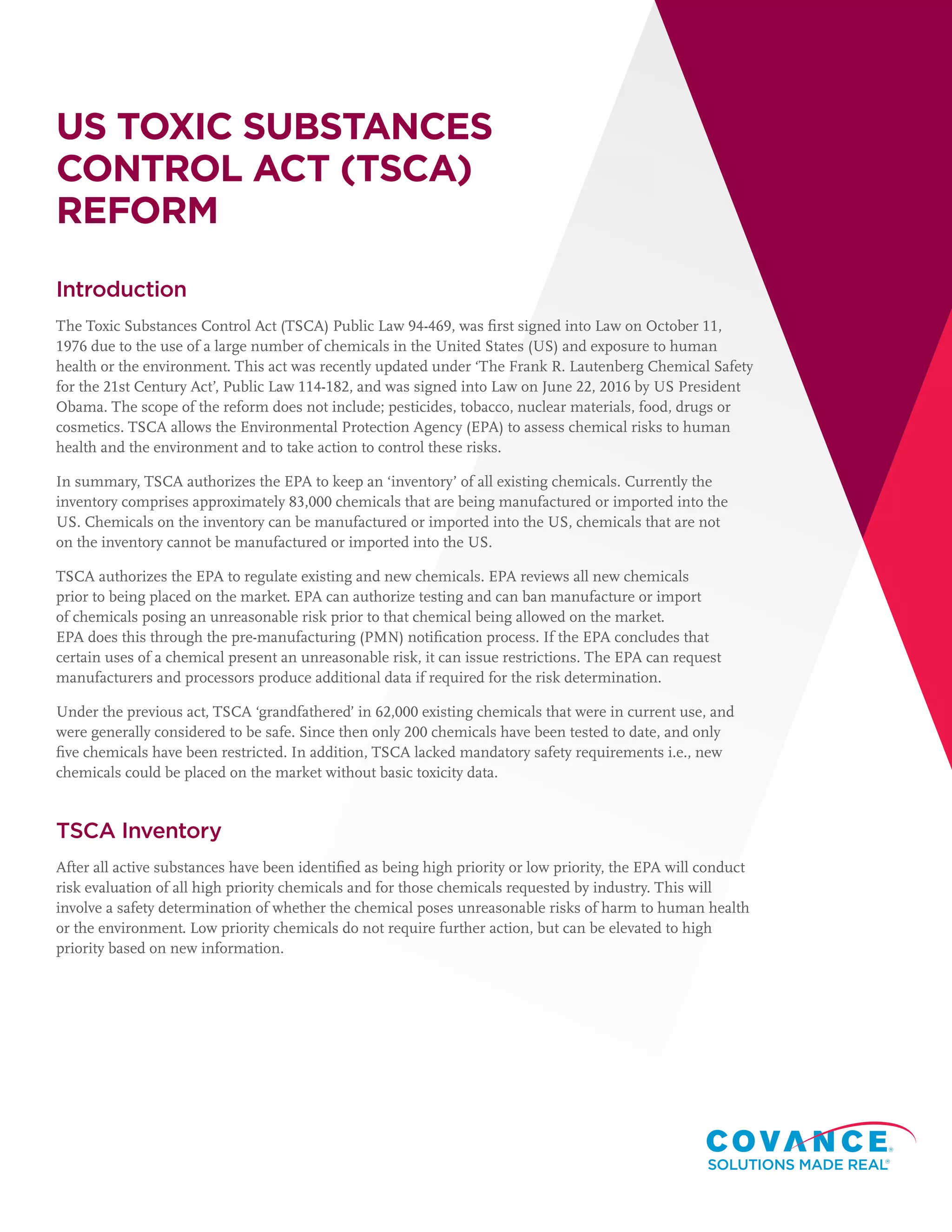 US Toxic Substances Control Act (TSCA) Reform | PDF