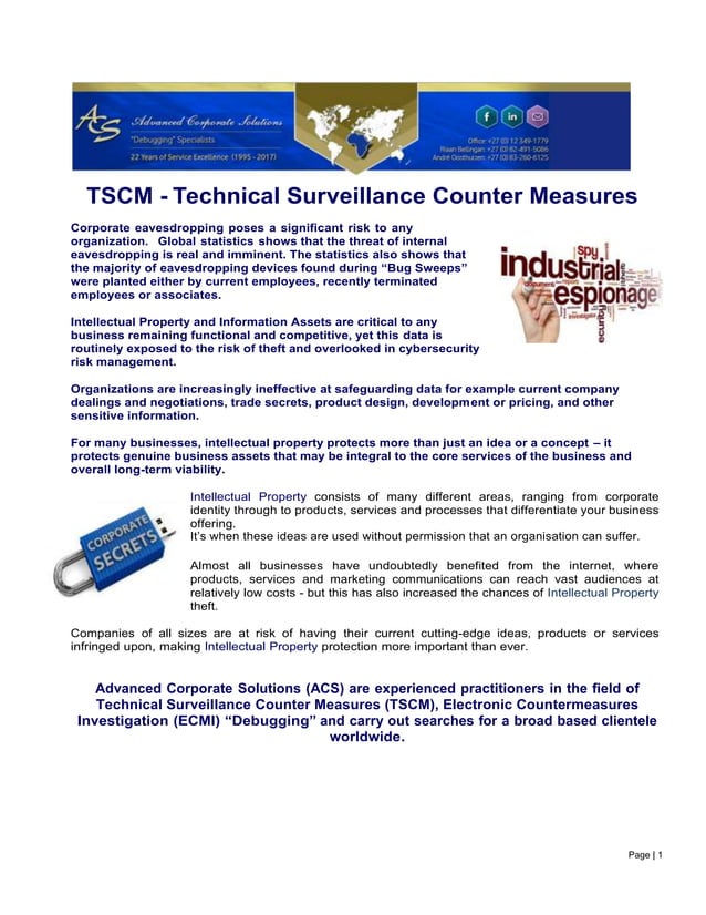 TSCM - Technical Surveillance Counter Measures July 2017 | PDF ...
