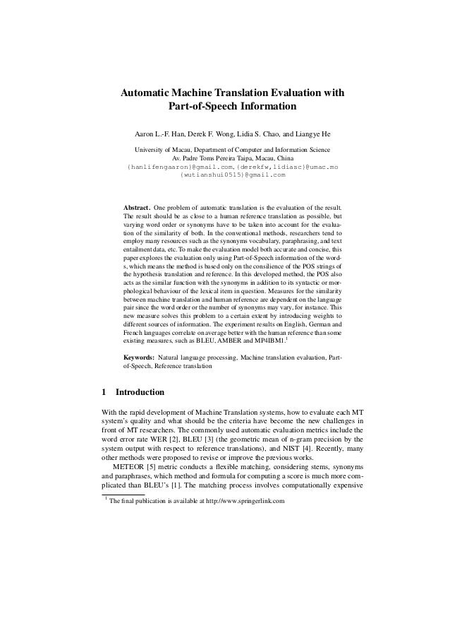 Tsd2013automatic Machine Translation Evaluation With Part Of Speech