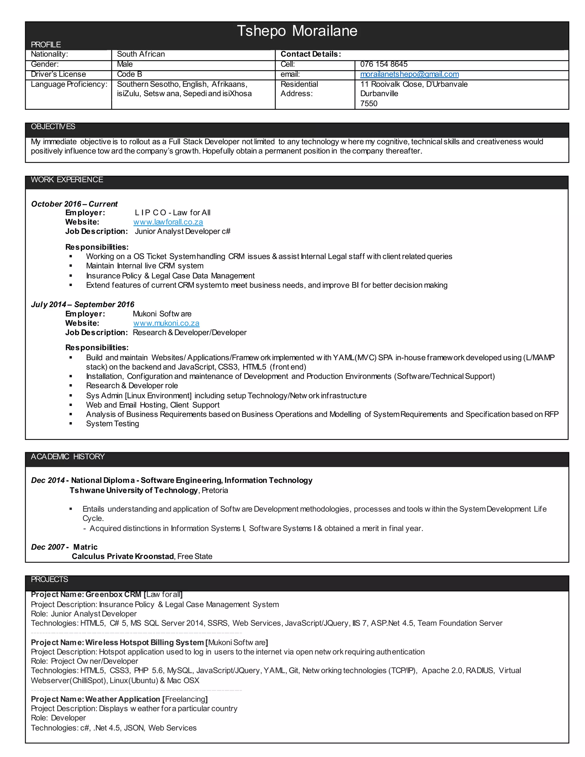 Tshepo morailane(resume) | DOCX | Web Development | Internet