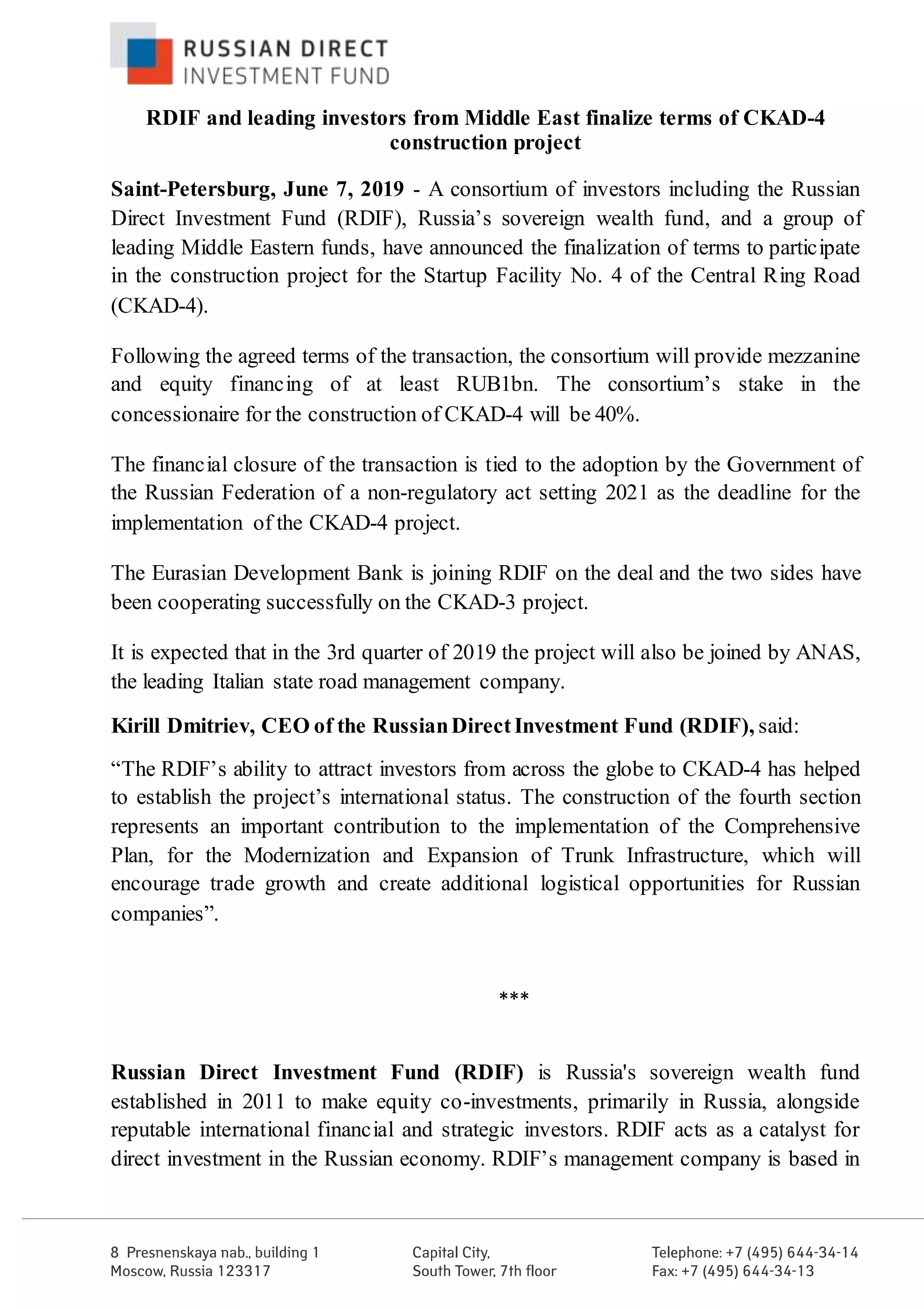 RDIF and leading investors from Middle East finalize terms of СKAD-4 ...