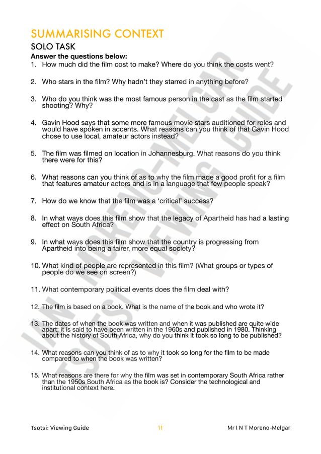 Tsotsi Scheme of Work / Viewing Guide / e-book / Revision Booklet | PDF