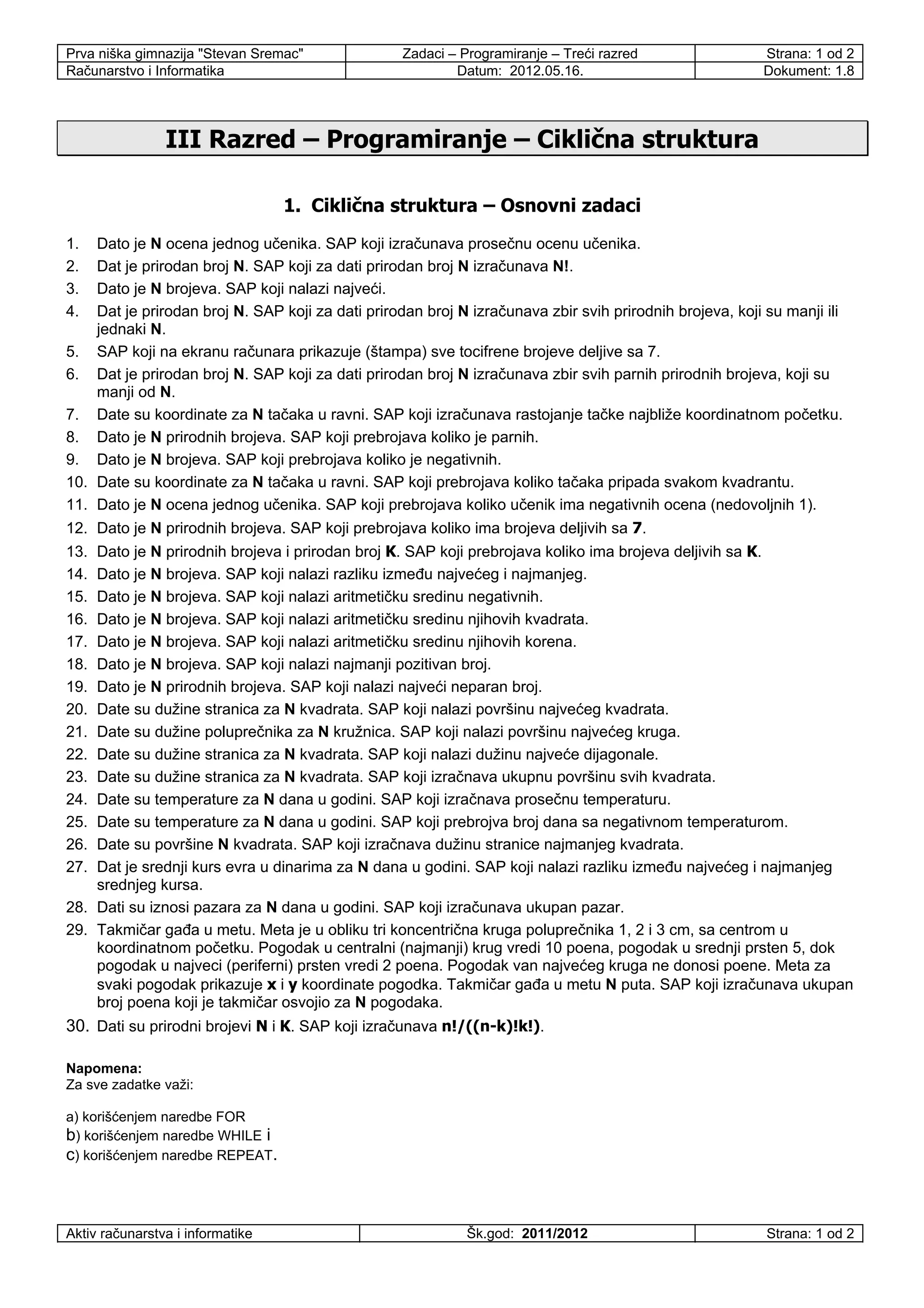 3. razred - Programiranje - zadaci za vežbu | PDF