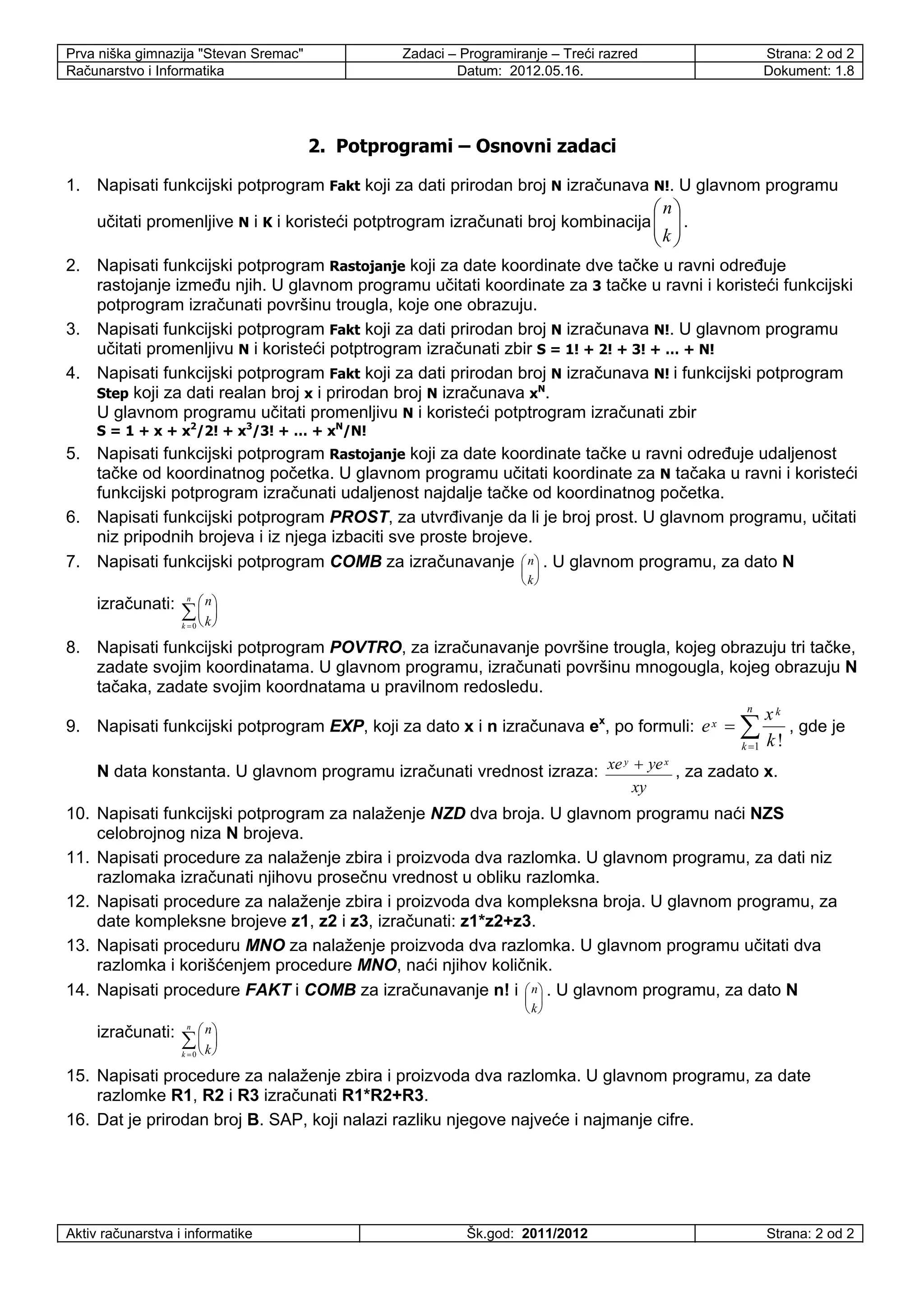 3. razred - Programiranje - zadaci za vežbu | PDF