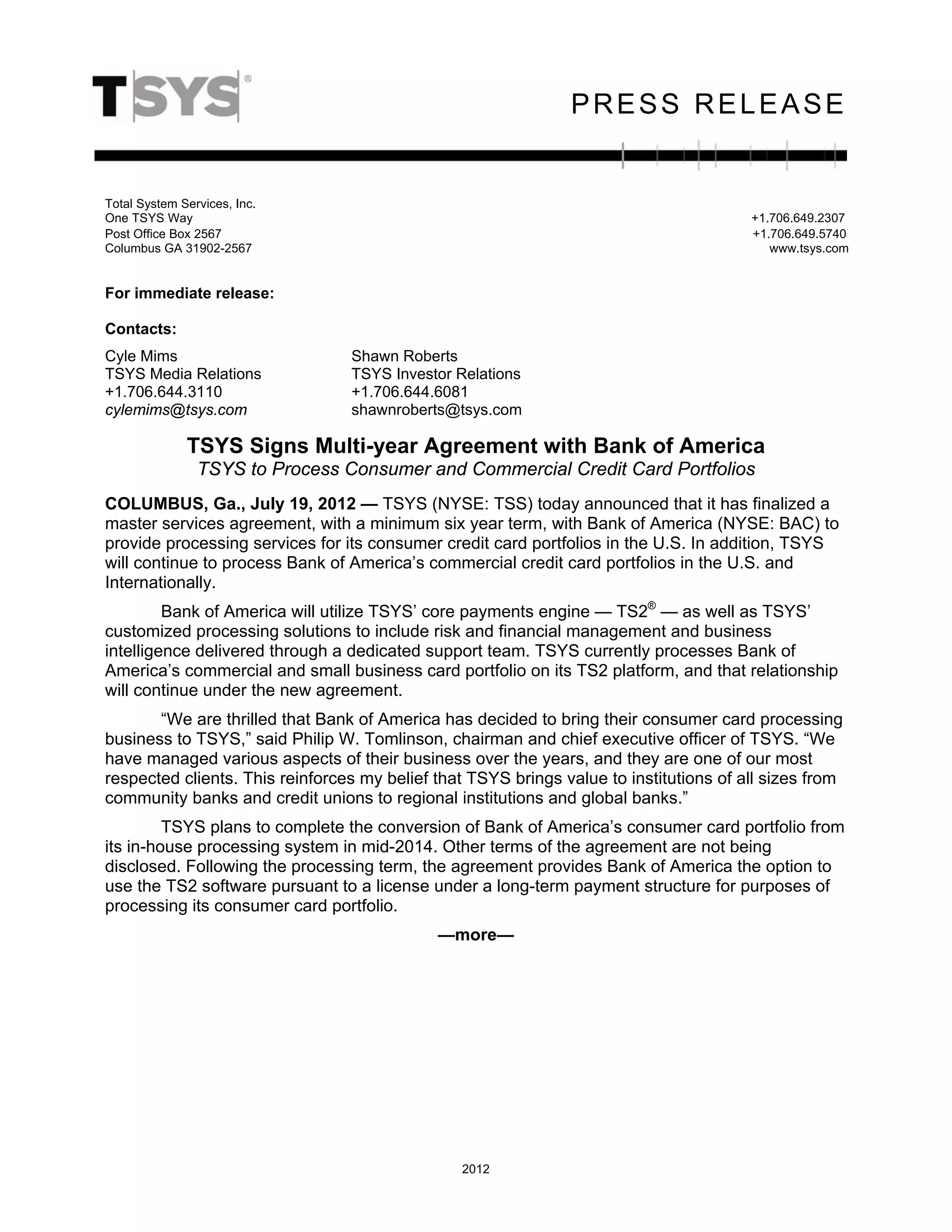 Tsys signs-multi-year-agreement-with-bank-of-america | PDF