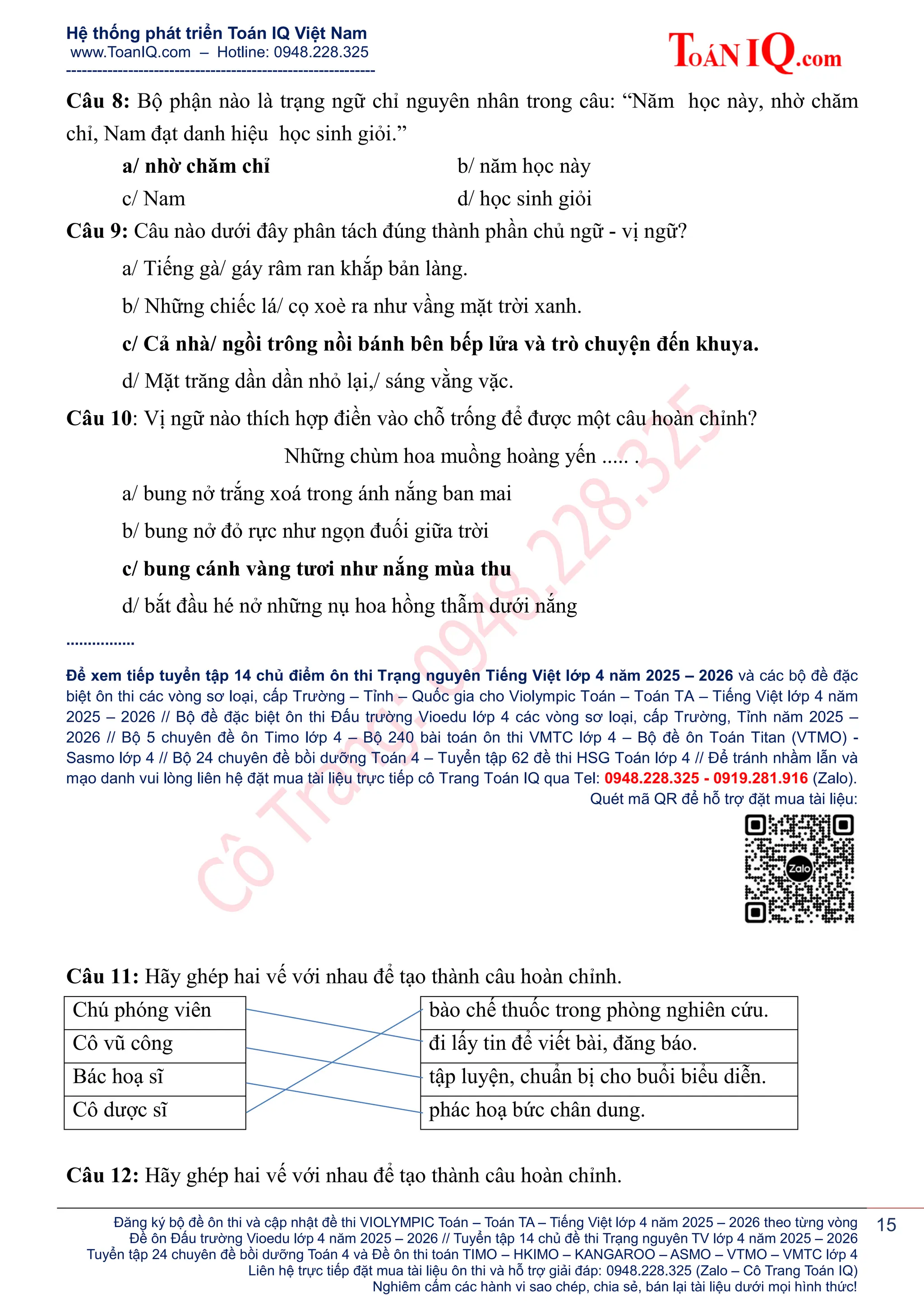 Trạng nguyên Tiếng Việt lớp 4 năm 2025 - 2026 có đáp án | PDF