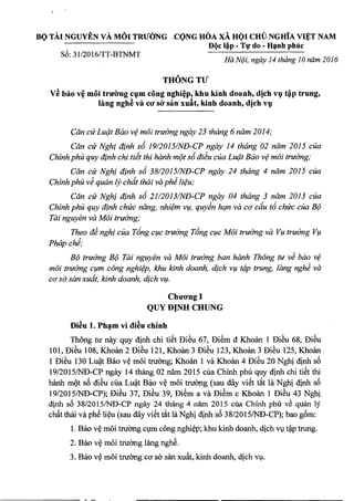 Thông tư số 31/2016/TT-BTNMT quy định bảo vệ môi trường cụm công nghiệp, cơ sở sản xuất | PDF