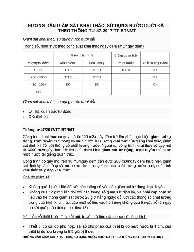 Hướng dẫn giám sát khai thác, sử dụng nước dưới đất theo Thông tư 47/2017/TT-BTNMT | PDF