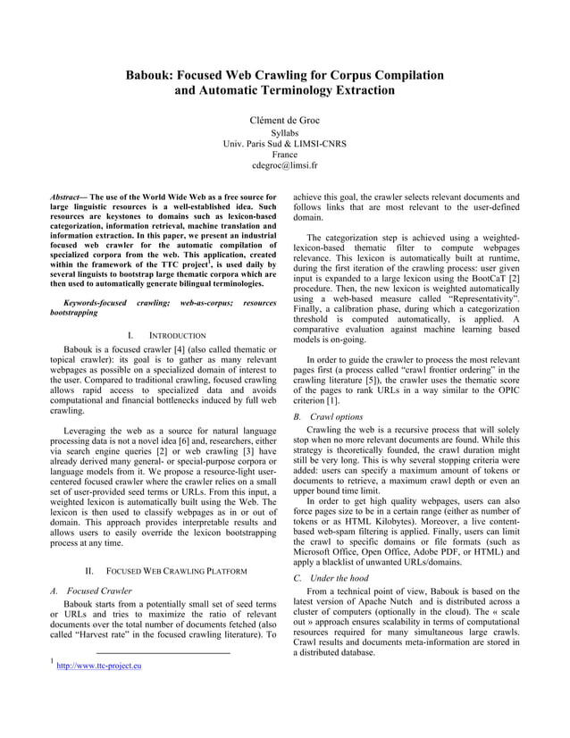 Babouk: Focused Web Crawling for Corpus Compilation and Automatic Terminology Extraction | PDF