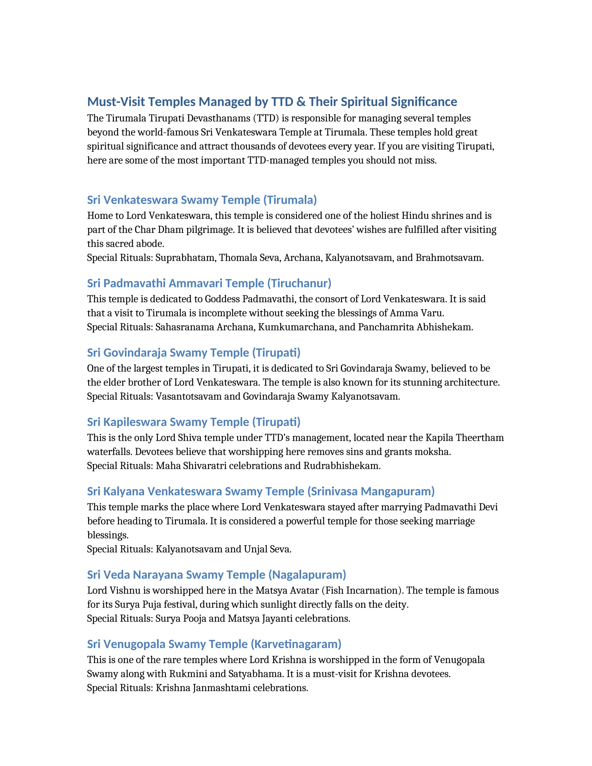 Must-Visit Temples Managed by TTD & Their Spiritual Significance | DOCX