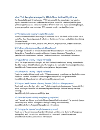 Must-Visit Temples Managed by TTD & Their Spiritual Significance | PDF