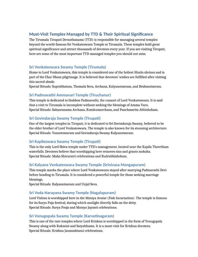 Must-Visit Temples Managed by TTD & Their Spiritual Significance | DOCX