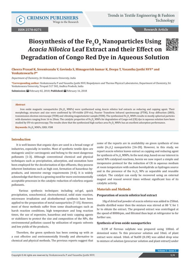 Crimson publishers-Biosynthesis of the Fe3O4 Nanoparticles Using Acacia Nilotica Leaf Extract ...