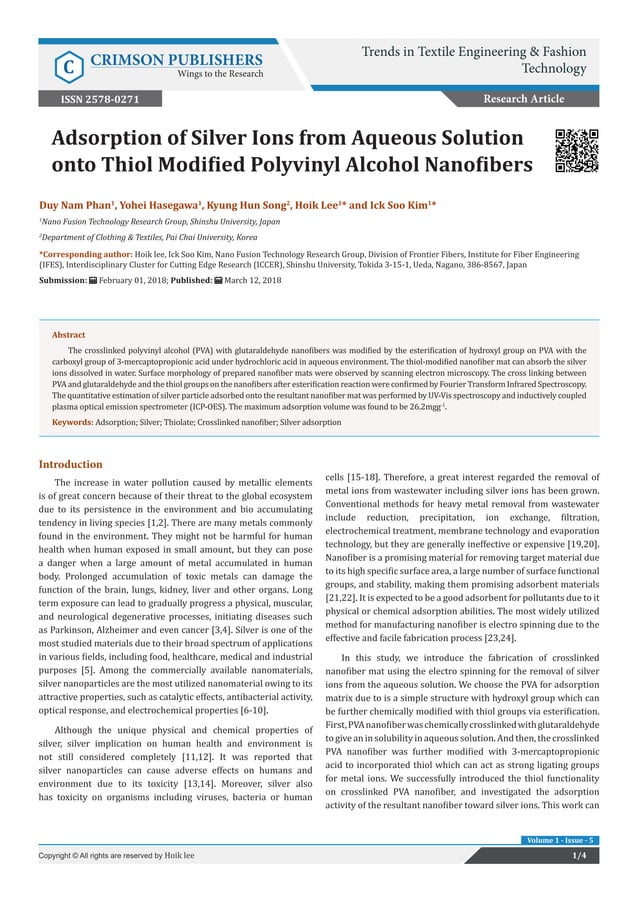 Adsorption of Silver Ions from Aqueous Solution onto Thiol Modified Polyvinyl Alcohol Nanofibers ...