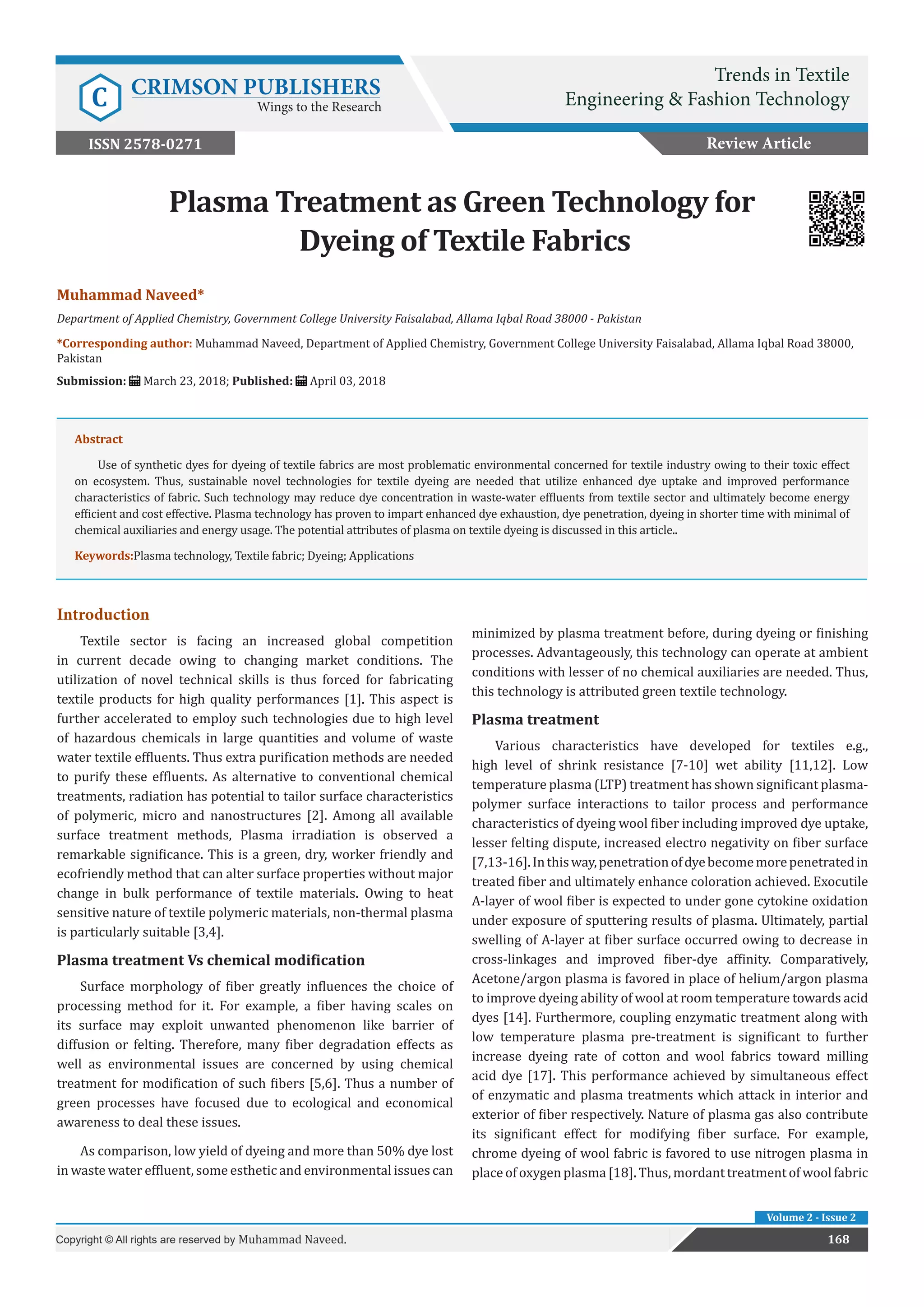 Plasma Treatment as Green Technology for Dyeing of Textile Fabrics | PDF | Environmental ...