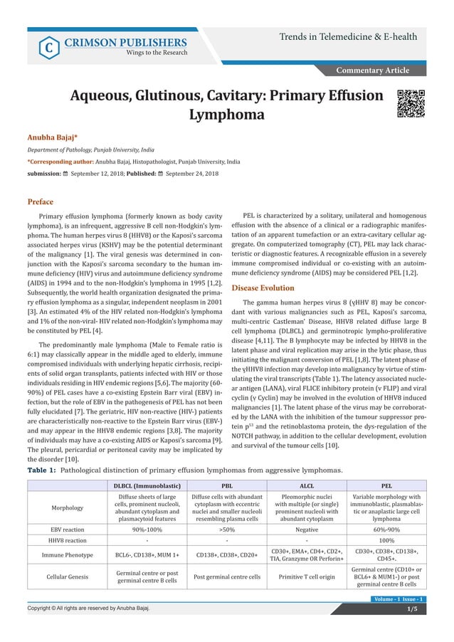 Aqueous, Glutinous, Cavitary: Primary Effusion Lymphoma | PDF