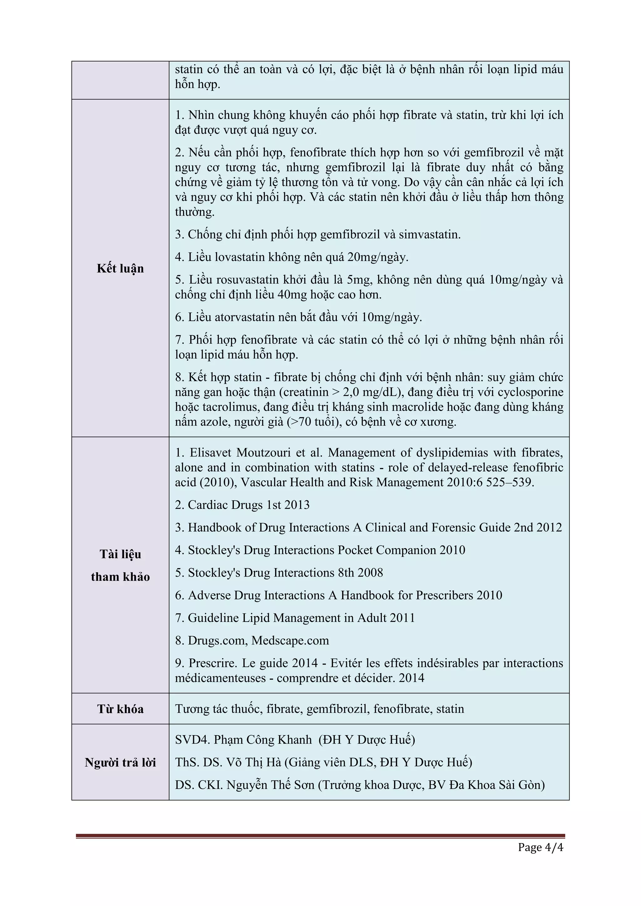 Tương tác thuốc_Fibrate và Statin | PDF