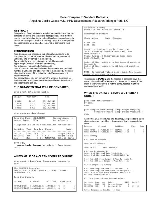 Proc Compare to validate datasets | PDF
