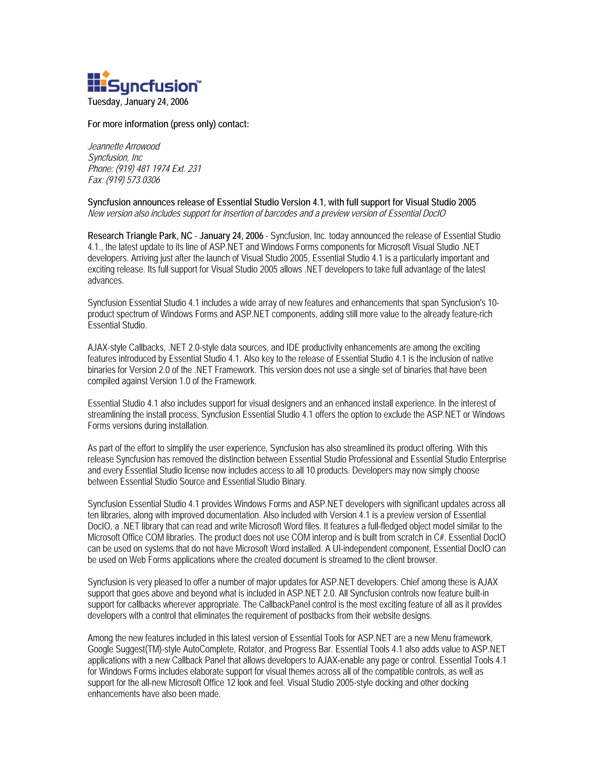 Syncfusion Essential Studio V4.1 Press Release | PDF