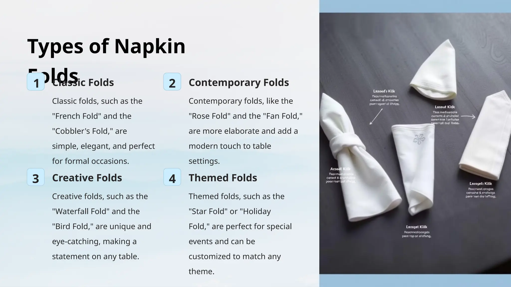 Napkin folds in hospitality settings form | PPTX