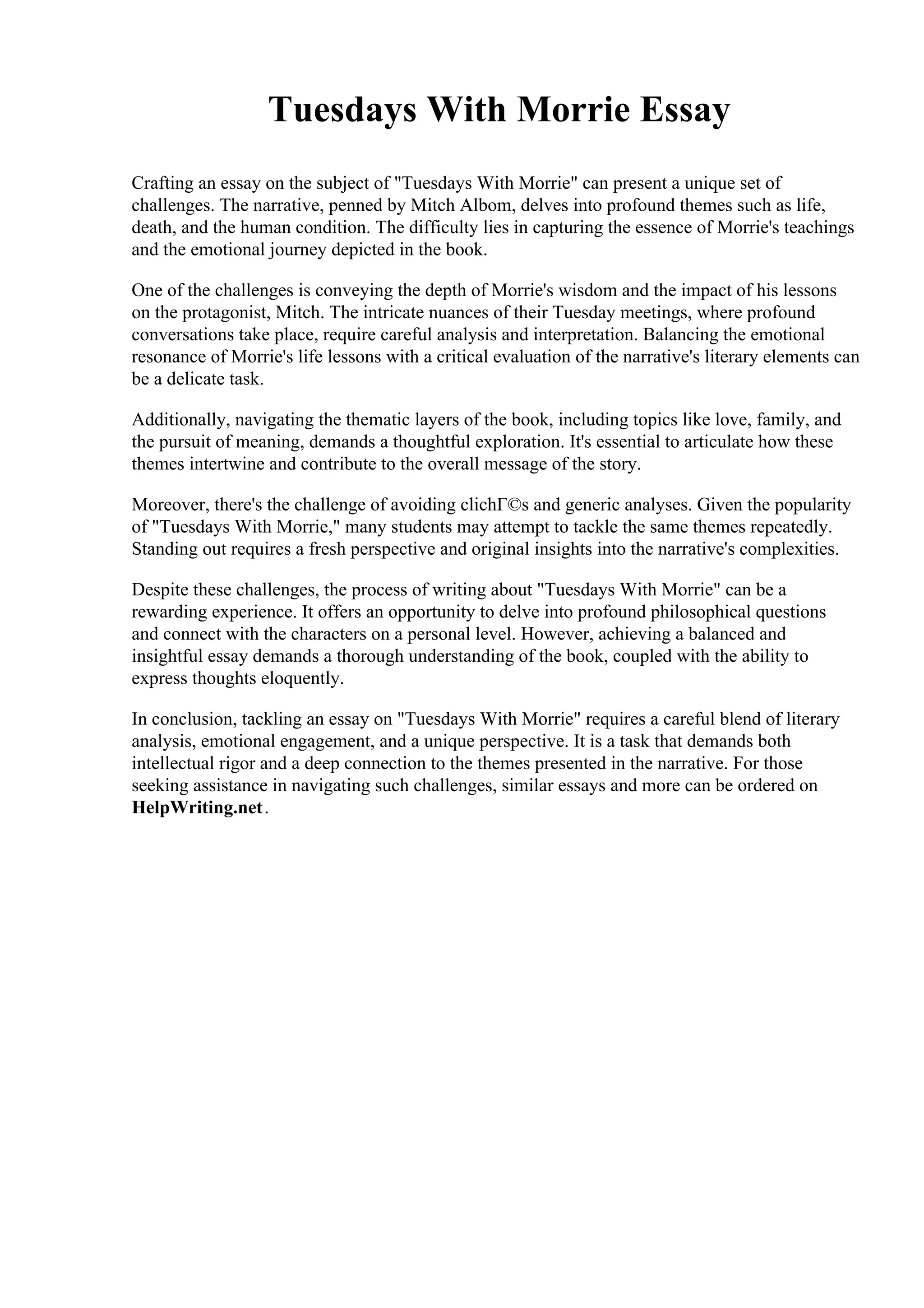 Tuesdays With Morrie Essay. St. Joseph's University New York | PDF