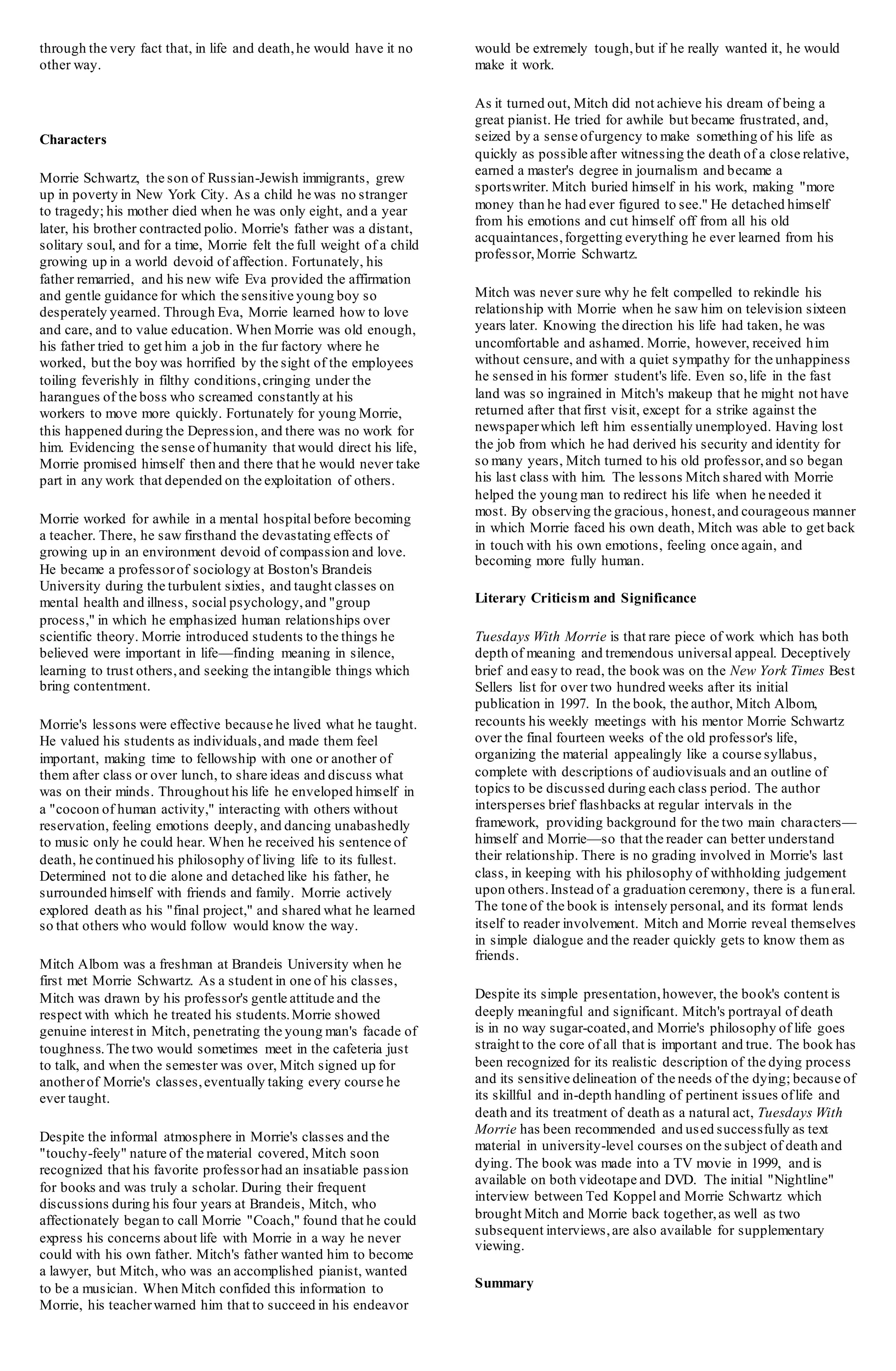 Tuesdays with morrie - summary | DOCX | Physical Therapy | Wellness