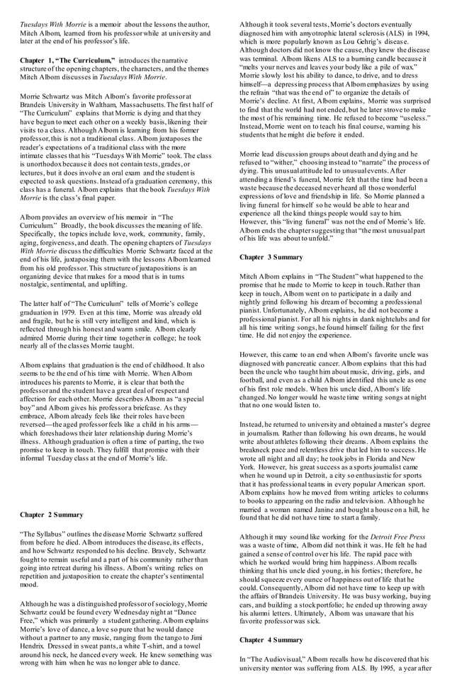Tuesdays with morrie - summary | DOCX | Physical Therapy | Wellness