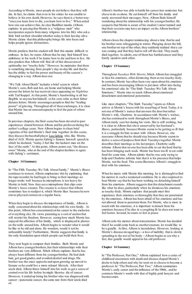 Tuesdays with morrie - summary | DOCX | Physical Therapy | Wellness