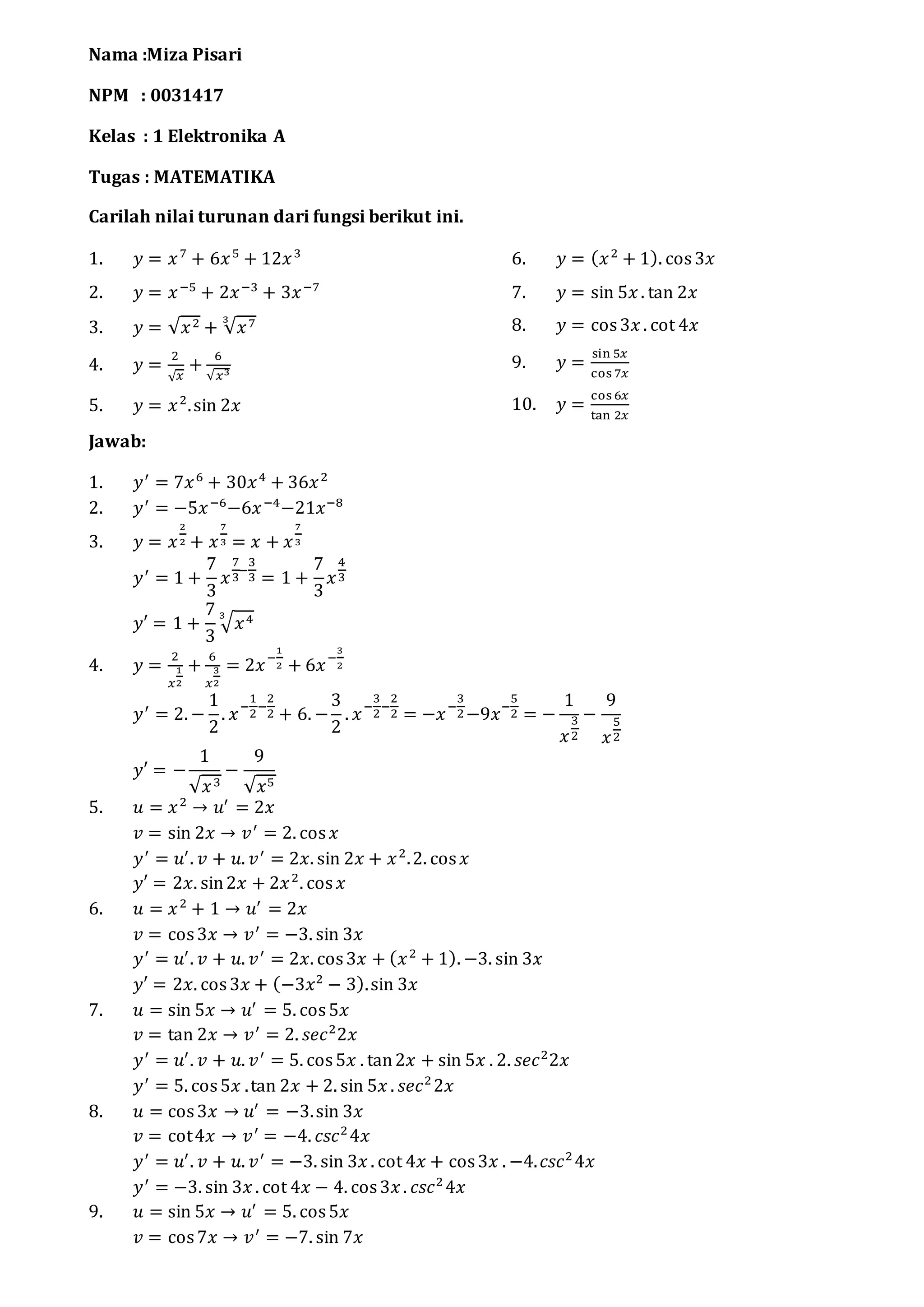 Tugas matematika 1 (semester 2) - Mencari Turunan | DOCX