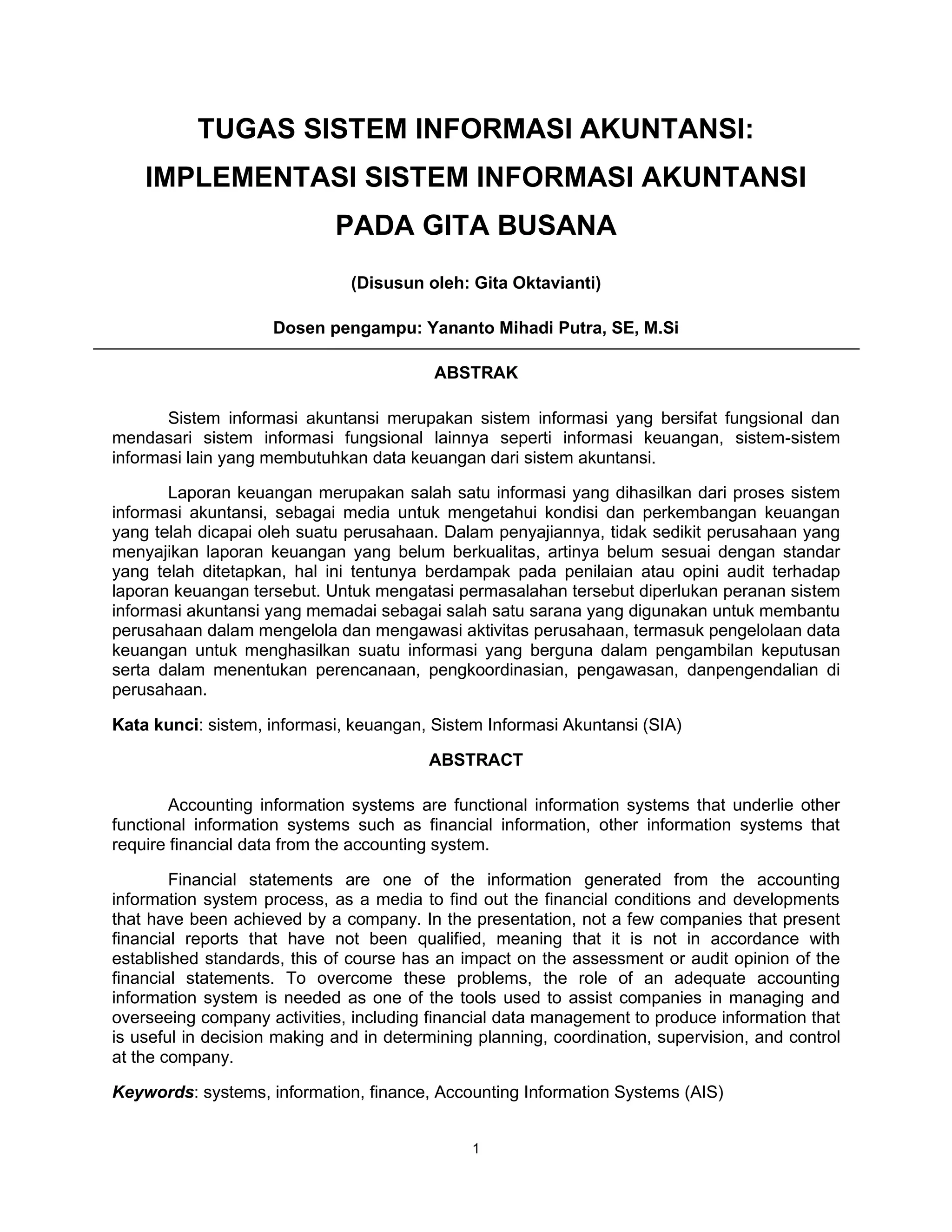 TUGAS SISTEM INFORMASI AKUNTANSI: IMPLEMENTASI SISTEM INFORMASI AKUNTANSI PADA GITA BUSANA | PDF
