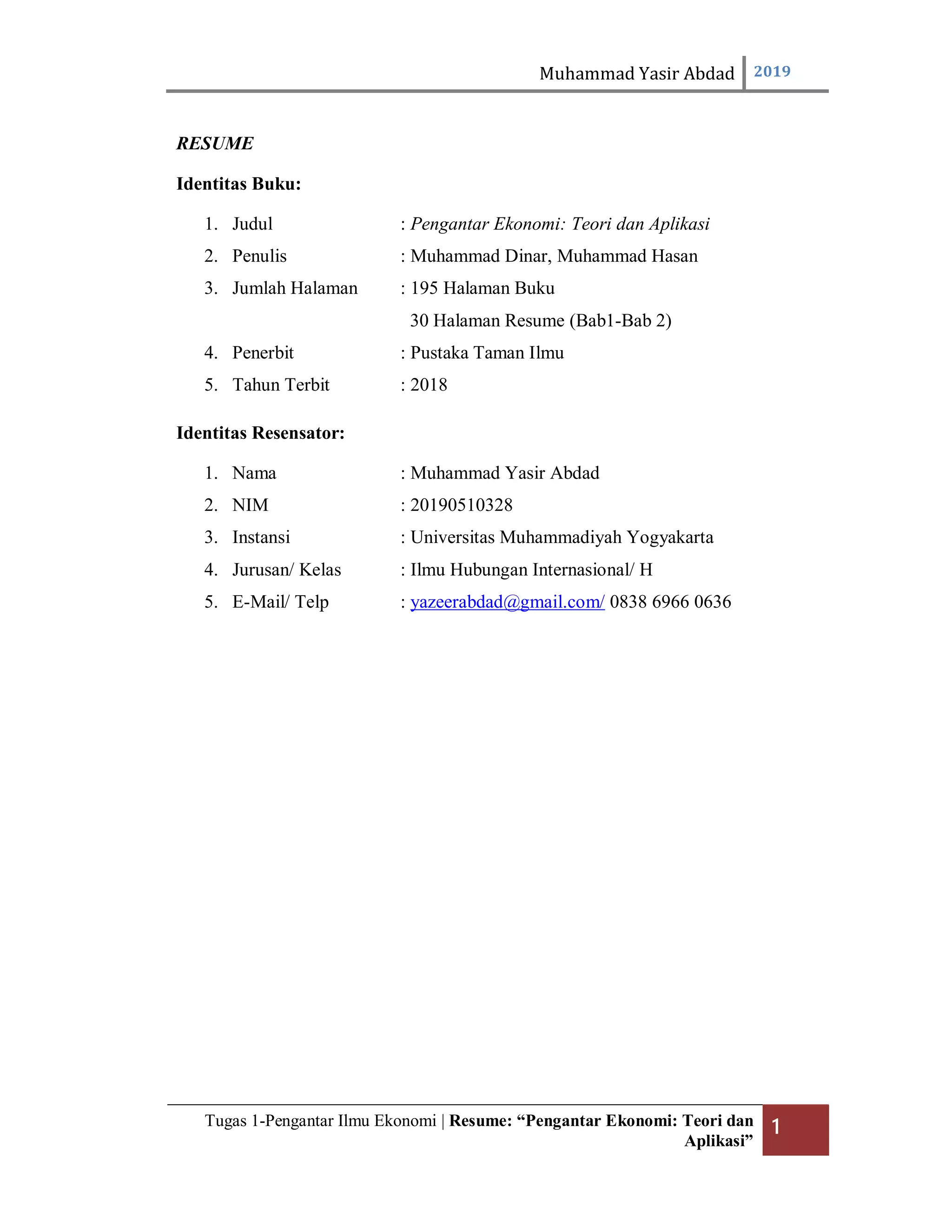 Contoh Resume Buku Tugas 1 Tugas Pengantar Ilmu Ekonomi | PDF