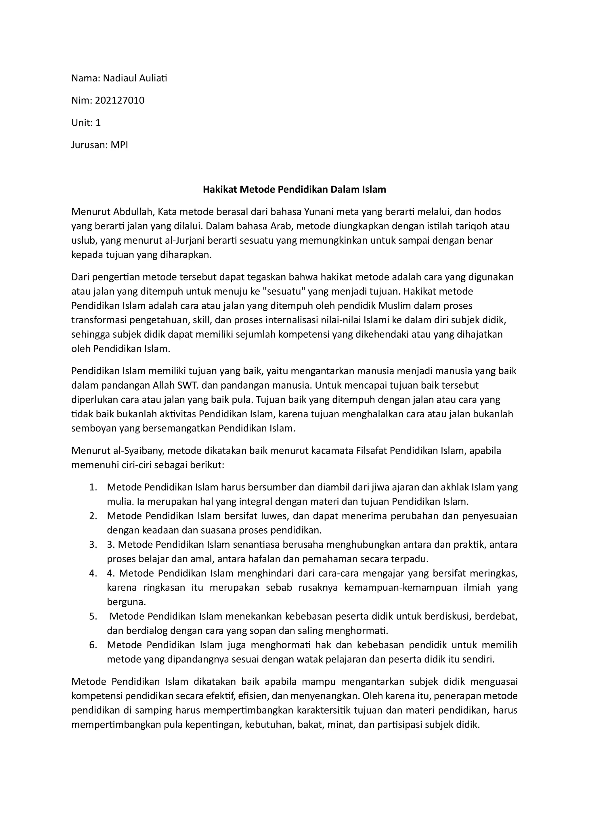 Hakikat Metode Pendidikan Dalam Islam | DOCX