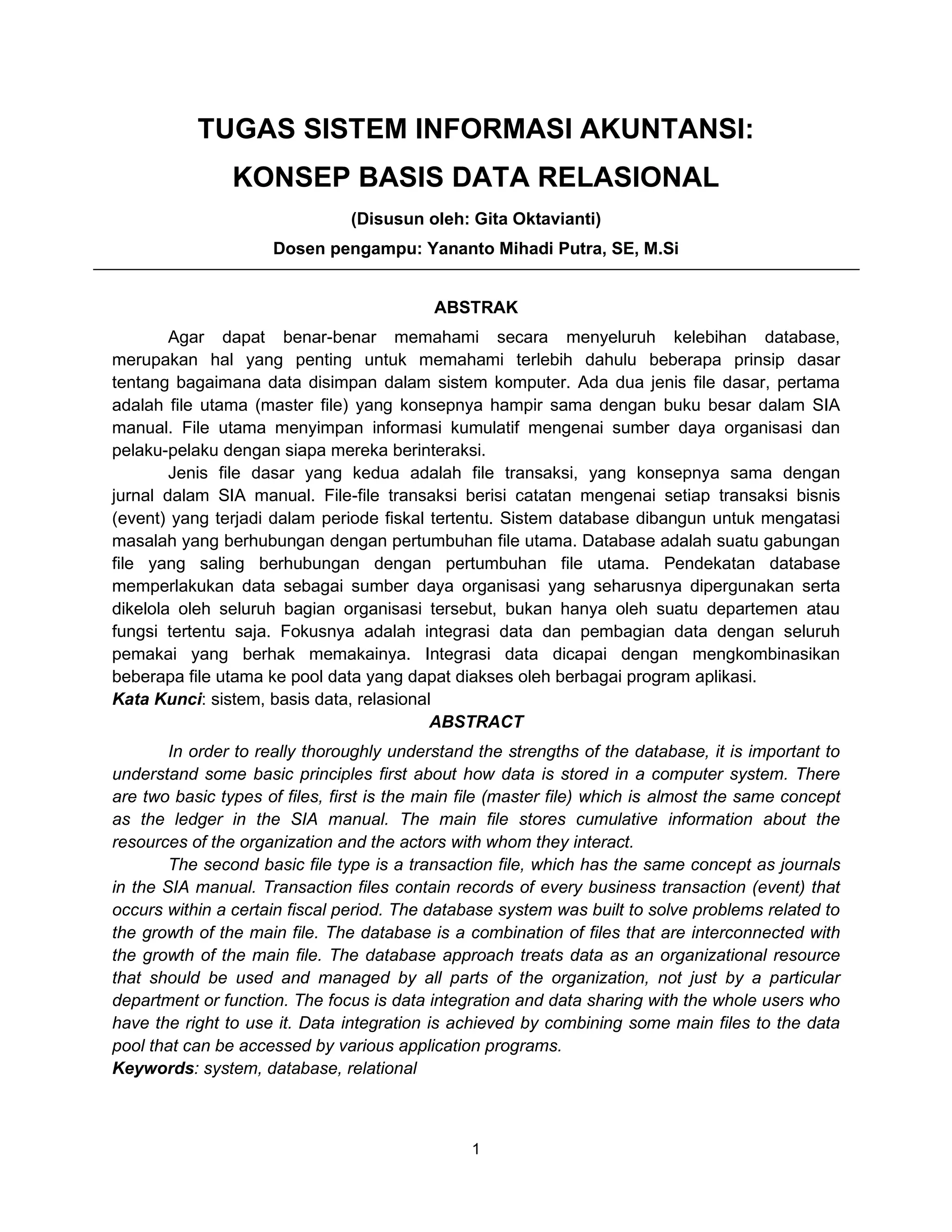 TUGAS SISTEM INFORMASI AKUNTANSI: KONSEP BASIS DATA RELASIONAL | PDF