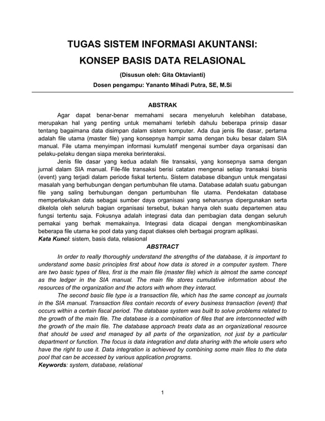 TUGAS SISTEM INFORMASI AKUNTANSI: KONSEP BASIS DATA RELASIONAL | PDF