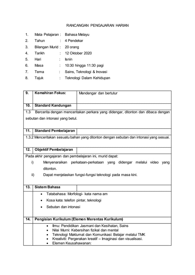 RPH Bahasa Melayu Tahun 4 (Tema Sains, Teknologi & Inovasi) | DOCX