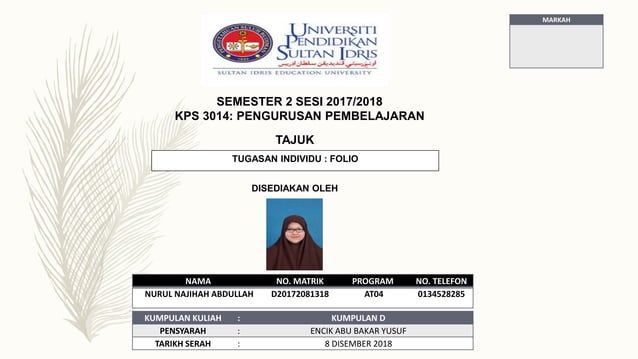 Tugasan Individu Folio Pengurusan Pembelajaran (KPS3014) | PPTX