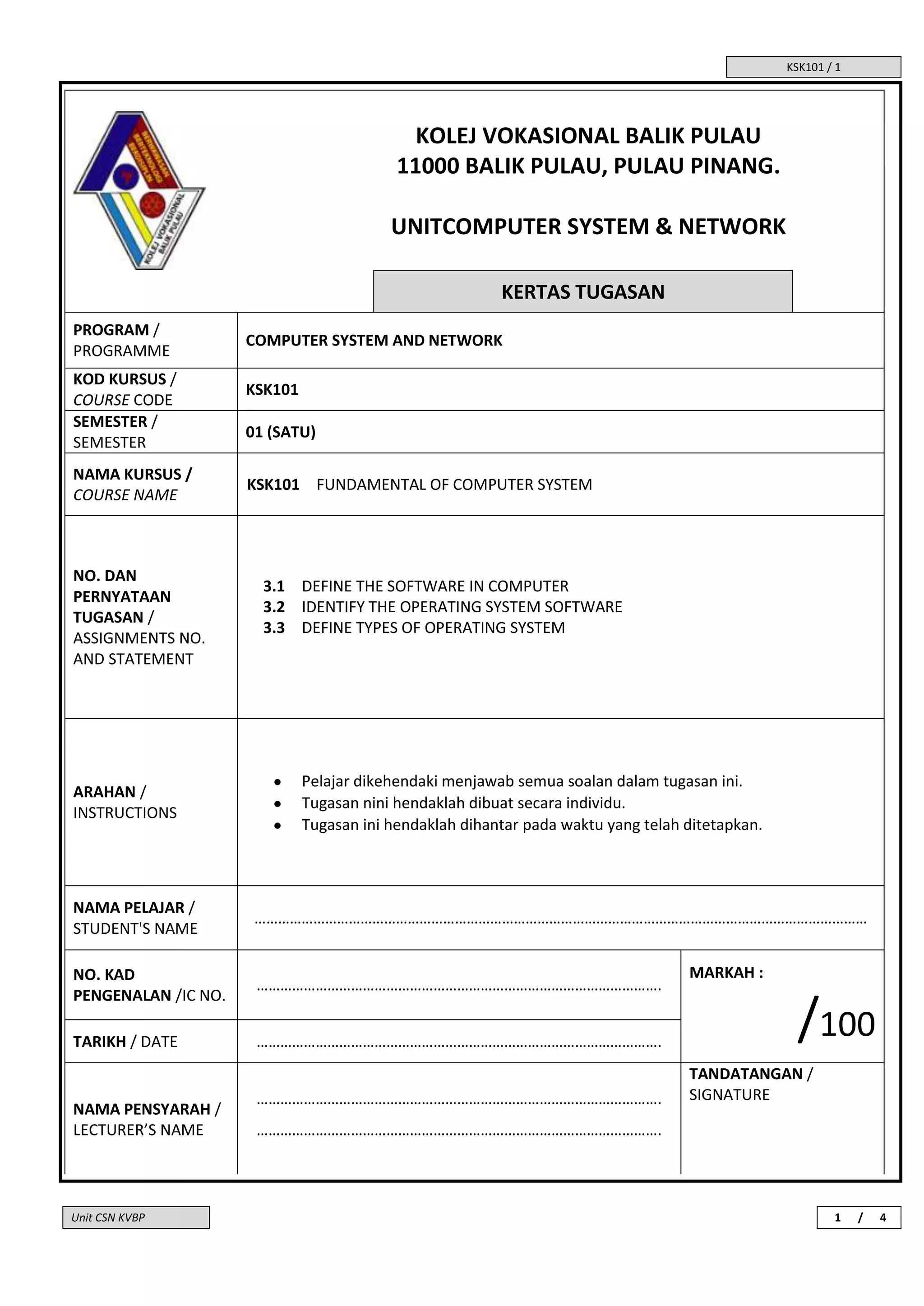 Tugasan ksk101 k3 | DOCX