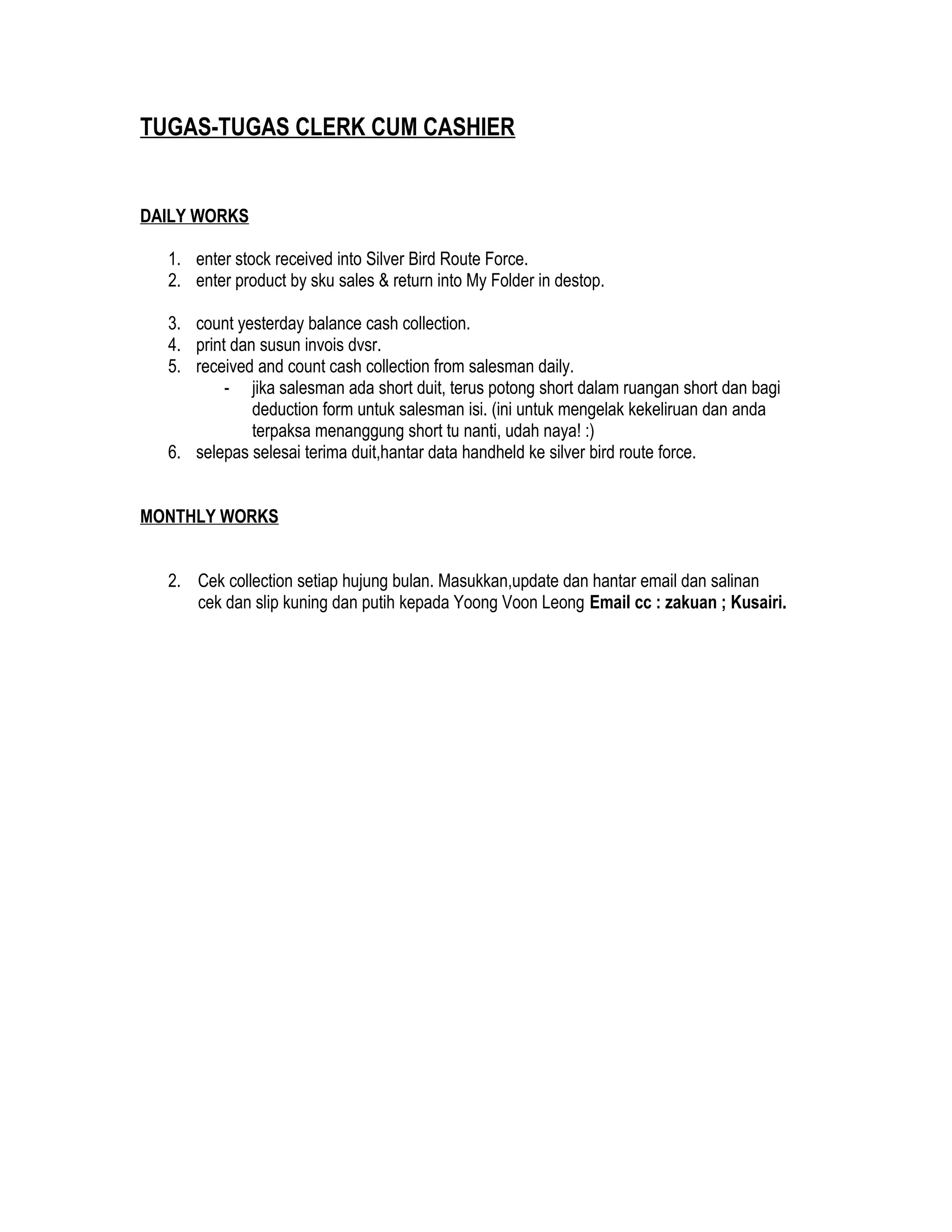 Tugas clerk cum cashier | DOC
